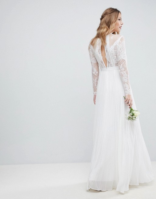 Asos Edition Sleeve Lace Bodice Maxi Wedding Dress Pleated Skirt Ivory