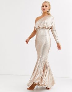 Forever Unique one shoulder fishtail maxi dress in rose gold sequin, Rose Gold - SALE Bridesmaid ...