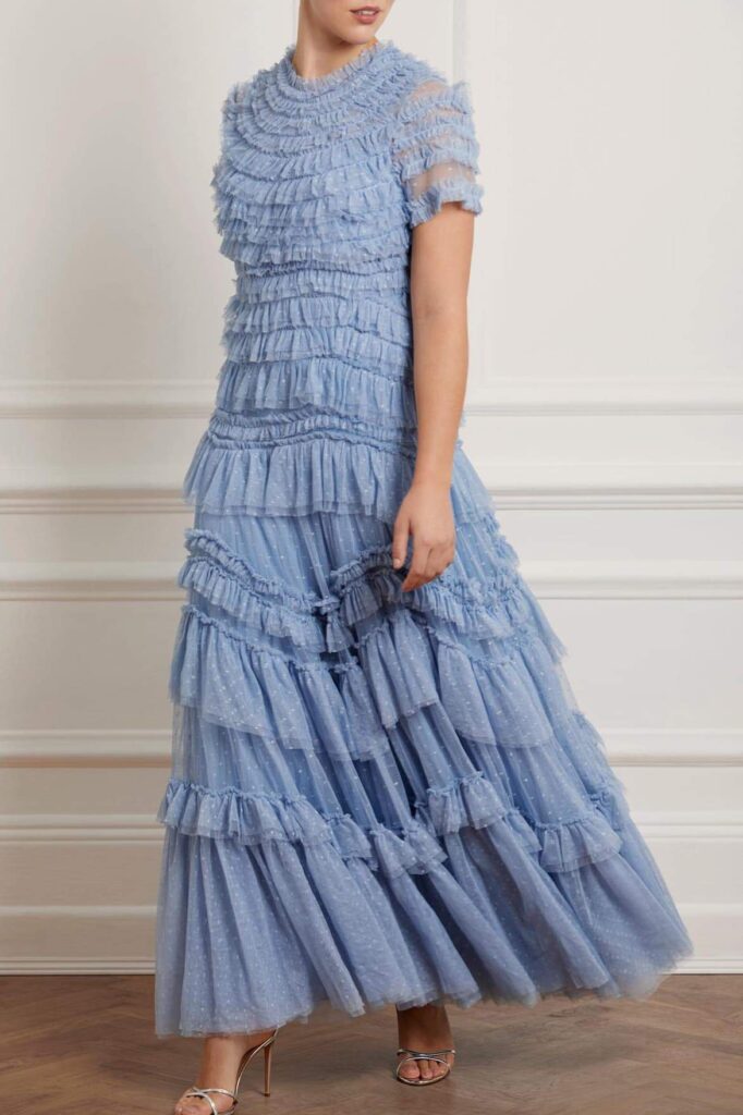 Needle & Thread Wild Rose Ruffle Gown, Blue - myonewedding.co.uk Needle & Thread Wild Rose Ruffle Gown, Blue - myonewedding.co.uk