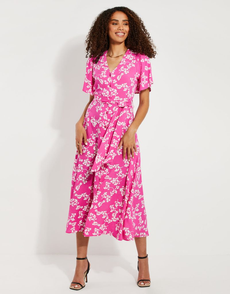 Threadbare Pink Floral Print Midi Dress, Pink/White